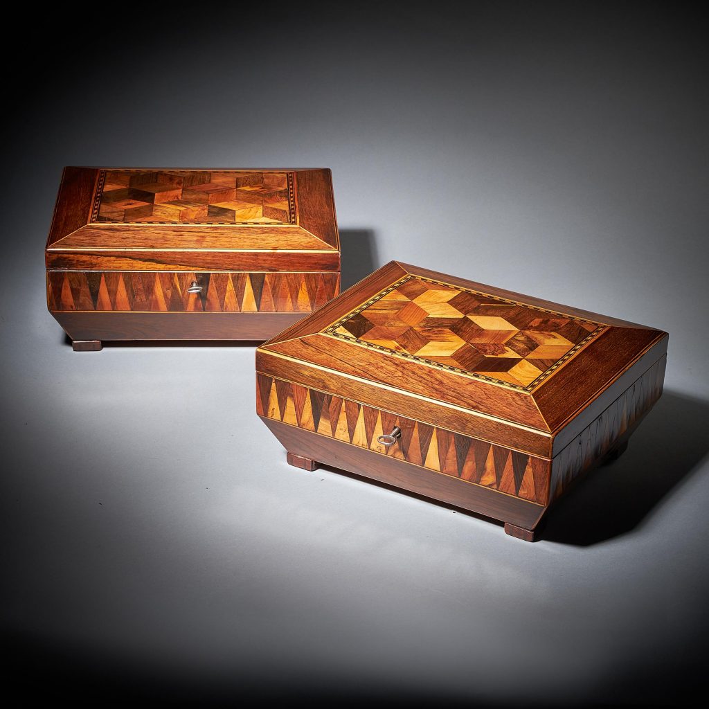 Pair of George IV Regency Specimen Wood Parquetry Boxes of Sarcophagus ...