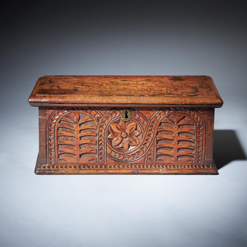 17th Century Carved Oak Deeds Box of Small Proportions